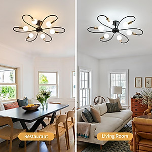 DELIPOP Sputnik Light Fixture, 6-Light Black and Gold Ceiling Light Fixture, Mid Century Modern Chandelier, Metal Semi Flush Mount Ceiling Light for Bedroom, Kitchen, Living Room, Dining Room