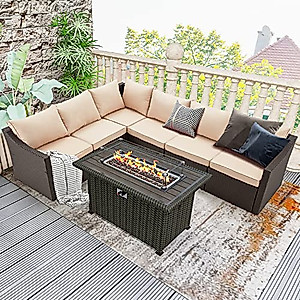 HOMREST 7 Pieces Patio Furniture Set with Fire Pit Table,Durable Outdoor Sectional Sofa Conversation Set w/Cushions and Pillows, 50,000 BTU Auto-Ignition Gas Fire Table w/Wind Guard ，CSA Certification