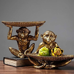JJ Gifts Cute Monkey Statue Holding a Woven Basket in his Lap. Resin Tray Bowl Dish Home Decoration Organizer with Gold Finish for Potpourri Fruit Snacks Keys Jewelry