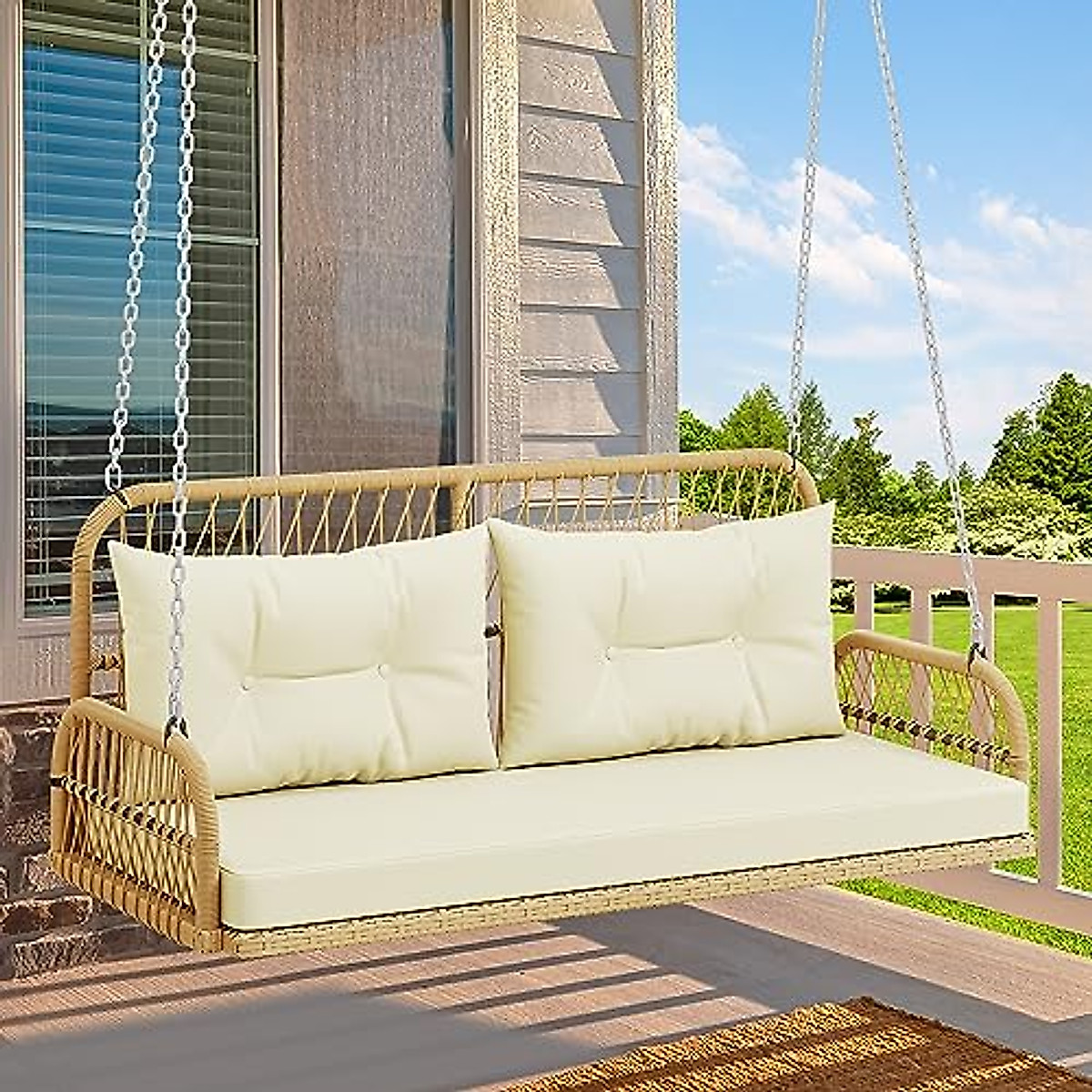 YITAHOME Porch Swing Hanging Wicker Swing Rattan Patio Swing Lounge Swing Chair Hammock Swing Chair Cushions 550lbs for Garden, Patio, Balcony, Living Room, Beige