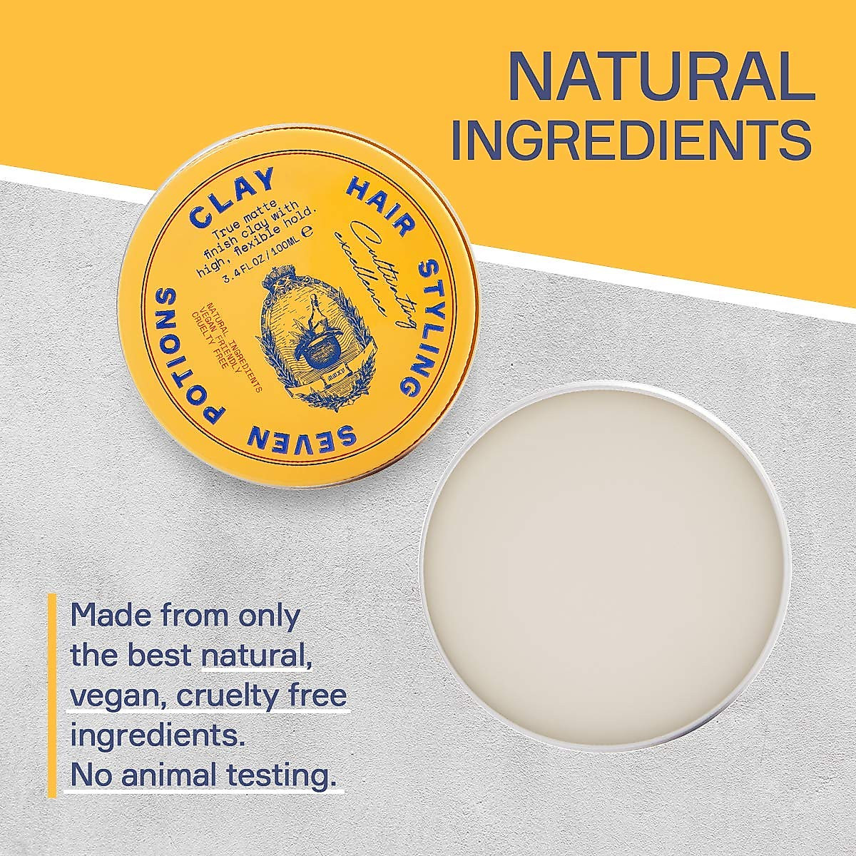 SEVEN POTIONS Hair Clay For Men and Women 3.4 fl oz - High Hold Matte Pomade - Effortless Hair Styling Product That Leaves No Residue - Water Based - Natural, Vegan, Cruelty Free