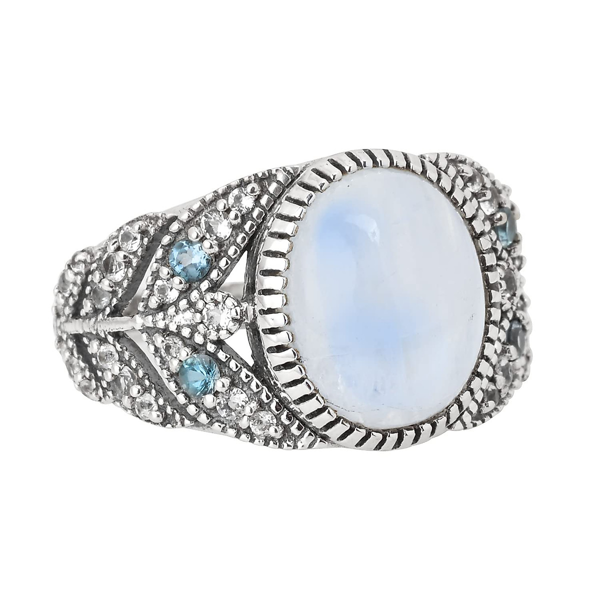 YoTreasure Rainbow Moonstone Swiss Blue Topaz 925 Sterling Silver Designer Ring Jewelry