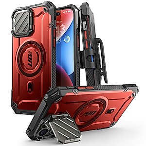 SUPCASE for iPhone 14/13 Pro Max Case with Camera Cover Stand, [MagSafe Compatible] [Built-in Belt Clip] Heavy Duty Magnetic Phone Case, Ruddy