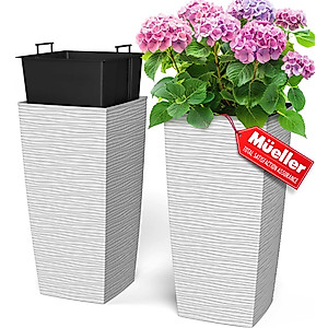 Mueller M-Resin Heavy Duty Tall Planter, Indoor/Outdoor Grande Plant, Tree, Flower Pot, 2-Piece Set, 24”, Modern Design, Built-in Drainage, White