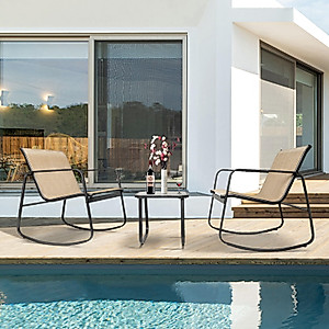 SOLAURA 3 Piece Patio Rocking Bistro Set, Textilene Fabric Outdoor Furniture, Porch Chairs Set with Glass Table for Lawn, Garden, Balcony, Poolside, Khaki