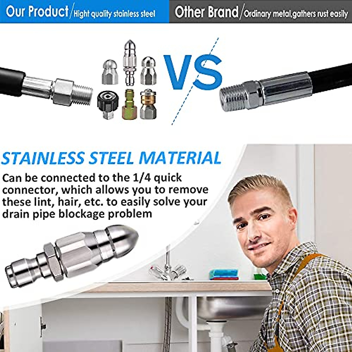 100FT Sewer Jetter Kit for Pressure Washer, 5800PSI Drain Cleaner Hose 1/4 Inch NPT Corner, Rotating and Button Nose Sewer Jetting Drain Jetter Hose Nozzle Pearl Corsage Pin Spanners Waterproof Tape