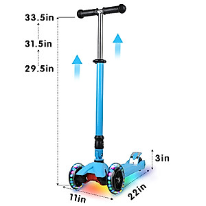 IMMEK Kick Scooter for Kids 3 Wheels Folding Ages 3-12 Years Old Toddler with Three LED Light Wheel, Adjustable Height, Rear Brake, Outdoor Activities for Boys/Girls Maximum Weight 110 lb (Blue)