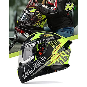 HAX Full Face Motorcycle DOT Approved Helmet with Dual Rear Wing and Pinlock Ready - Lightweight and Durable Motorbike Street Bike Helmet for Adults (Impulse Devour Yellow,S)