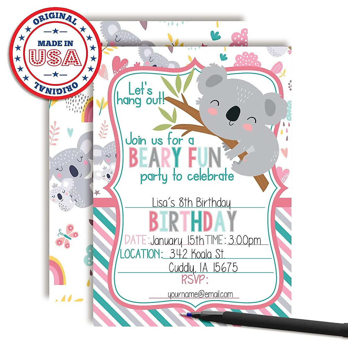 Let's Hang Out Cute Koala Bear Themed Birthday Party Invitations for Kids, 20 5x7 Fill In Cards with Twenty White Envelopes by AmandaCreation