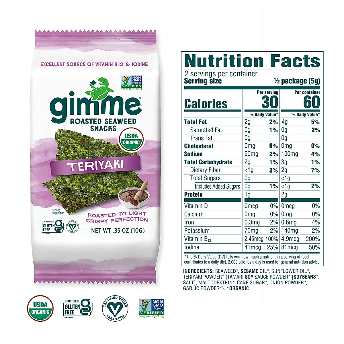 gimMe Organic Roasted Seaweed Sheets - Teriyaki - 12 Count Sharing Packs - Keto, Vegan, Gluten Free -Great Source of Iodine and Omega 3’s - Healthy On-The-Go Snack for Kids & Adults