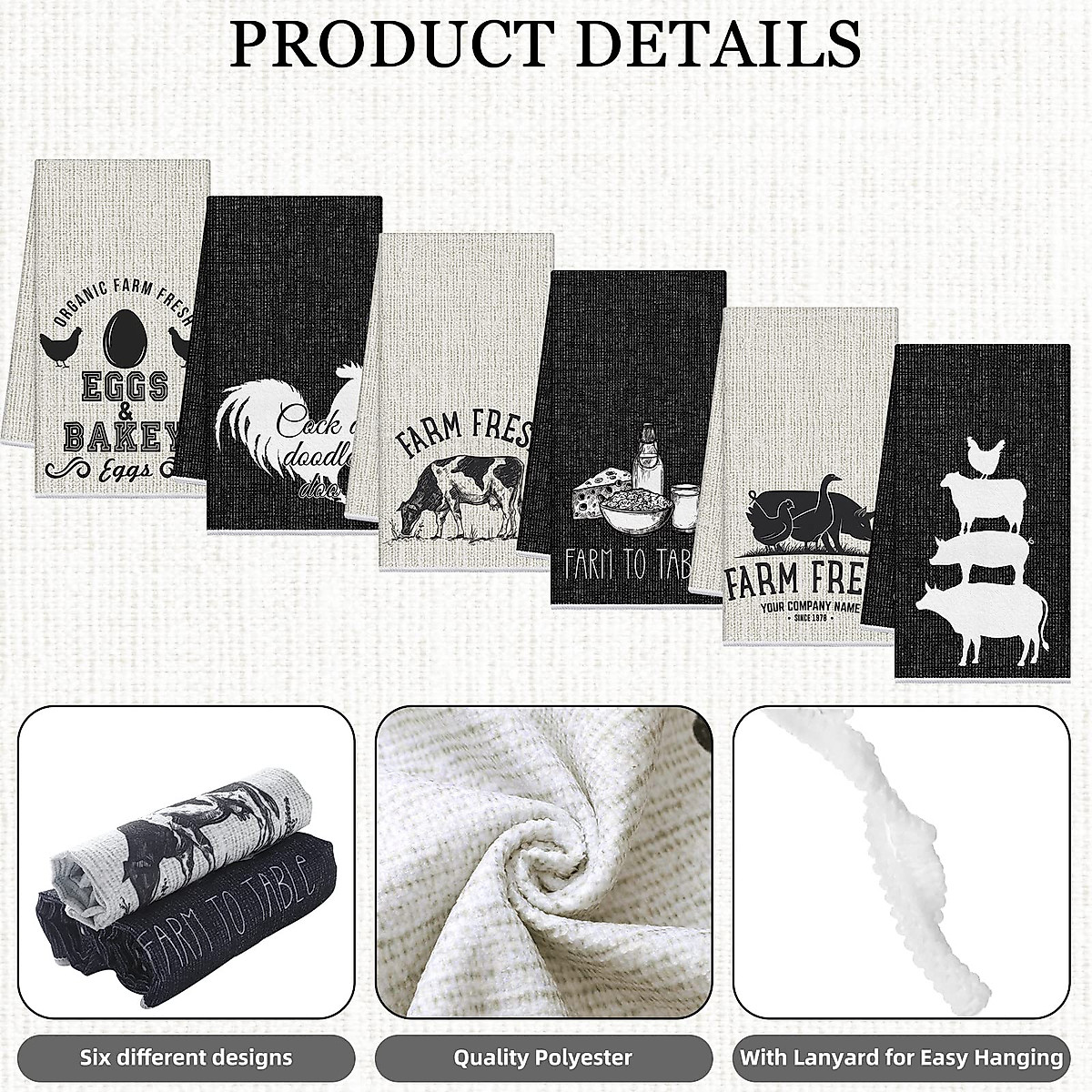 Redbaker 6 Pcs Farm Animal Theme Kitchen Towels Farmhouse Funny Dish Towel Rustic Hand Towels Rooster Cow Pig Decorative Tea Towels Absorbent with Hanging Loop for Kitchen Bathroom Housewarming Gift