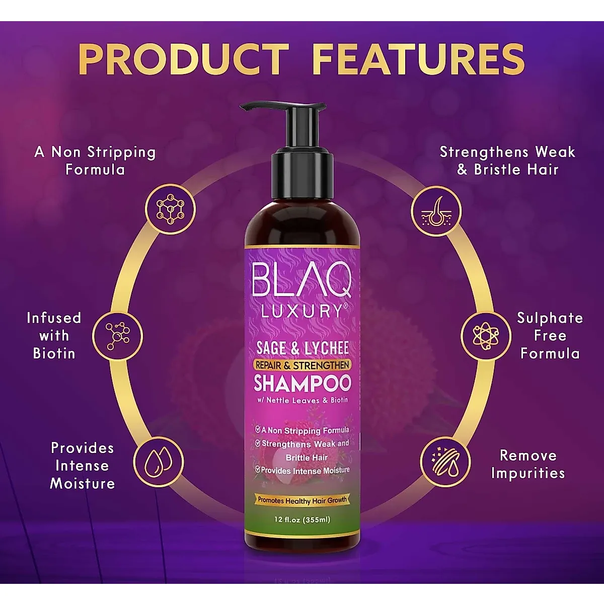 Blaq Luxury Sage & Lychee Repair and Strengthen Shampoo - Infused with Biotin and Nettle - Sulfate-Free Formula for All Hair Types - Promotes Hair Repair, Growth, and Scalp Health - 12 fl oz