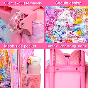 4PCS Rolling Backpack for Girls,Kids Unicorn Bookbag with Roller Wheels, Suitcase School Bag Set for Toddler Elementary
