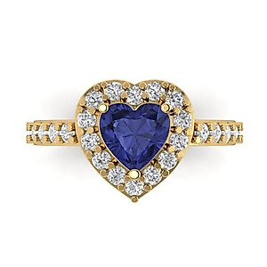 2.03 Carat heart cut blue simulated tanzanite 14k yellow gold engraving bridal engagement wedding halo ring size 5.25