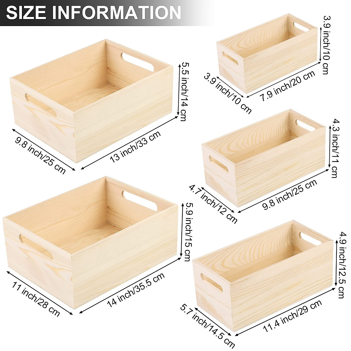 Aodaer 5 Packs Unfinished Wood Box Wood Crates Cutout Handles DIY Decorative Nesting Wood Box Treasure Box for Crafts, Decoration, Storage (Natural)