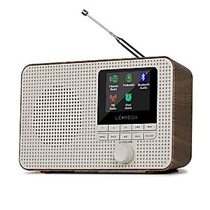 LEMEGA IR1 Portable WiFi Internet Radio,FM Digital Radio,Bluetooth Speaker,Dual Alarms Clock,Sleep Snooze Timer,40 Presets, Headphone-Output,Colour Display,Batteries or Mains Powered – Walnut Finish