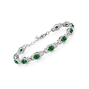 Gem Stone King 925 Sterling Silver Oval Green Simulated Emerald Tennis Bracelet For Women (7.45 Cttw, 7 Inch, With 1 Inch Extender)
