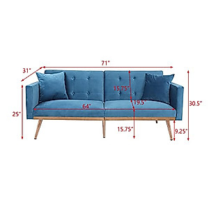 wirrytor 70" Velvet Futon Sofa Bed with Golden Metal Legs, Convertible Sleeper Bed, Modern Tufted Loveseat Sofa with Adjustable Backrest for Home Office Living Room Bedroom, Blue