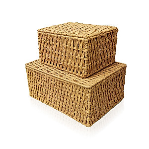 RoyalHouse Woven Stackable Storage Baskets with Lid, Decorative Rope Organizer Bin - Set of 2 (2 Sizes), Beige (No Liner)