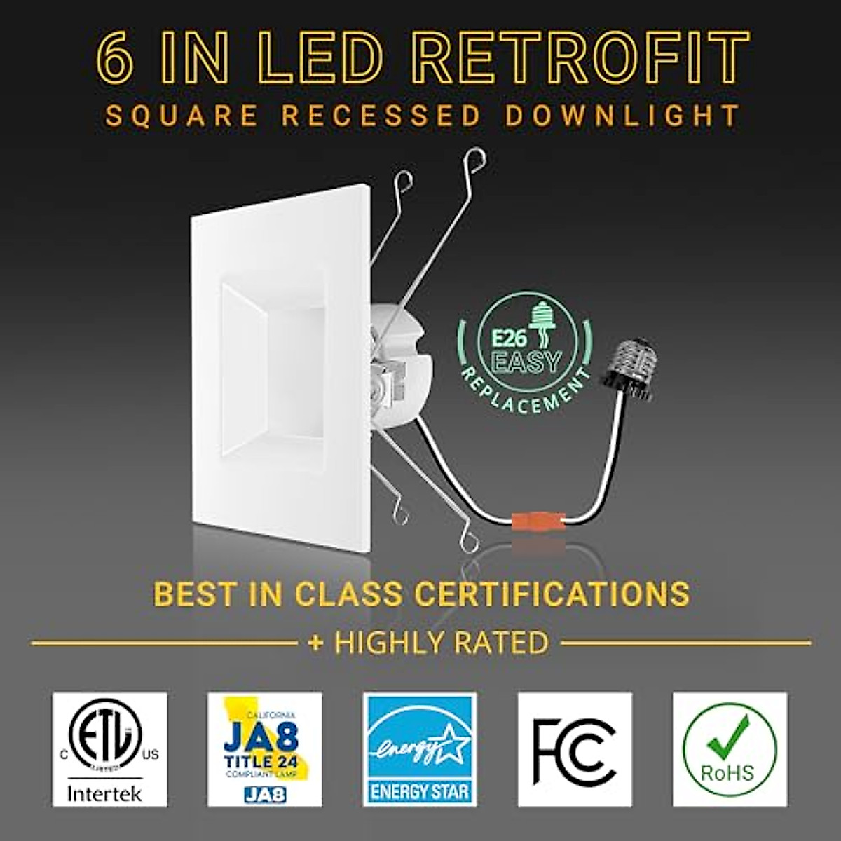 NUWATT 4 Pack, 5/6 Inch Retrofit LED Square Recessed Lighting, 5CCT 2700K/3000K/3500K/4000K/5000K Selectable, 1100 Lumens 14W, Dimmable 5/6" Square Downlight, 6in Square Can Light, Wet Rated, ETL, T24