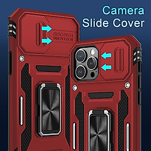 DEERLAMN for iPhone 13 Pro Max Case with Slide Camera Cover+Screen Protector(1 Pack),Rotated Ring Kickstand Military Grade Shockproof Protective Cover 6.7 Inch-Red