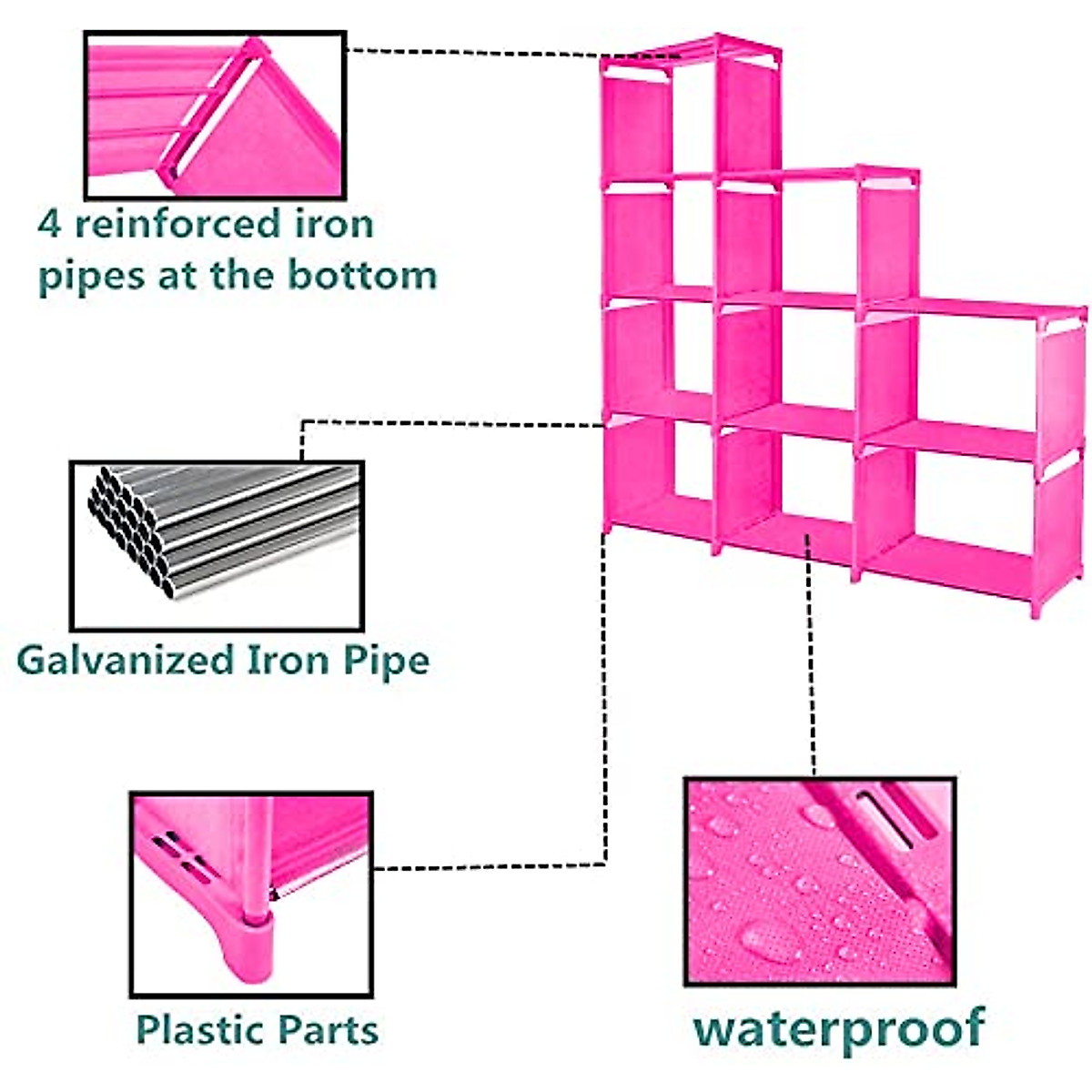 OPPSDECOR 9-Cubes Bookshelf, 4 Tier Shelf Adjustable DIY Bookcases for Kid, Book Shelf Organizing Storage Shelving Cabinet for Bedroom Living Room Office (Pink)