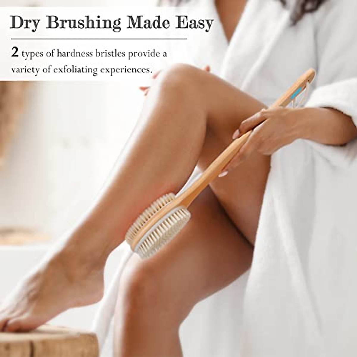 FREATECH Long Handle Body Brush Back Scrubber Exfoliator - 17.3" Wooden Bath Shower Brush, Dual-sided Brush Head with Soft Nylon Bristles and Stiff Natural Bristles for Wet or Dry Brushing