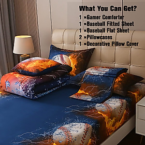 JQinHome Twin Baseball and Fire Comforter Sets for Boys,6 Piece Bed in A Bag 3D Sport Themed Bedding -All Season Soft Microfiber Bedding Sets, Pillowcase, Flat Sheet, Fitted Sheet,Cushion Cover