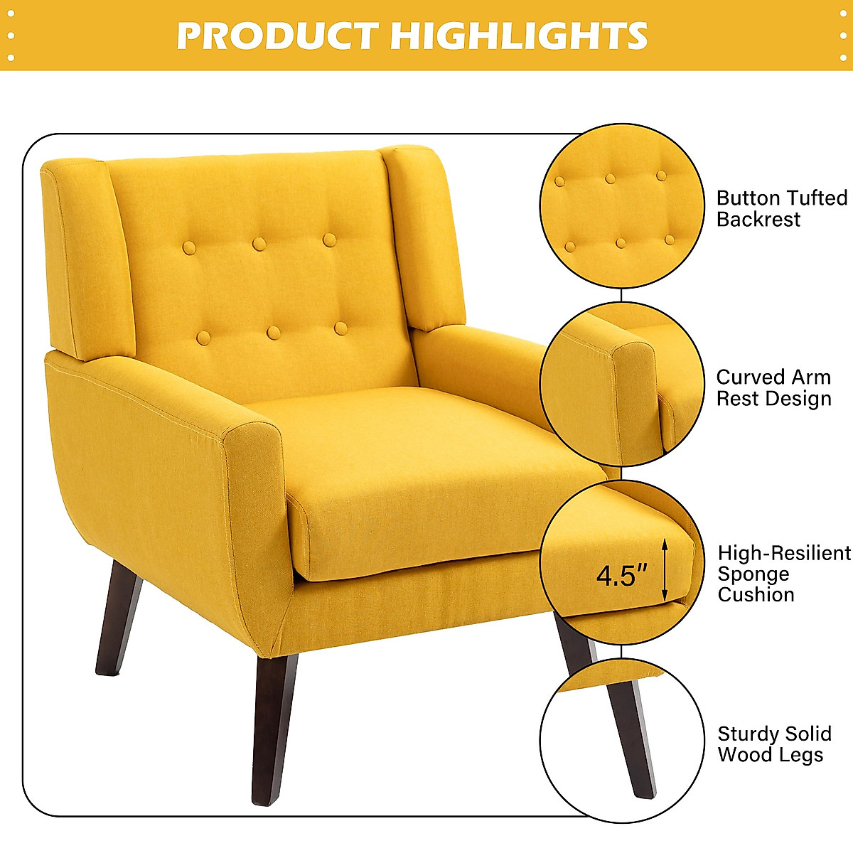 UIXE Accent Chairs Set of 2, Modern Living Room Arm Chair Button Tufted Armchair, Comfy Upholstered Club Lounge Sofa Seat Reading Chair Bedroom Side Seating for Home Office (Yellow)