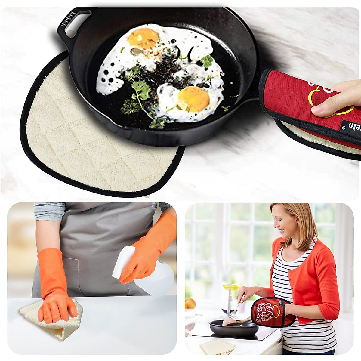 Alselo Pot Holders and Kitchen Towel, Heat Resistant Potholder 4 Piece with Microfiber Towel 1 Piece, Funny Baking Theme Hot Pats Festive Gift Oven Mitts for Cooking Baking BBQ (Dull-red, 5)