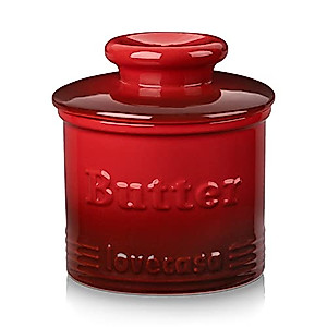 Porcelain French Butter Crock, LOVECASA Butter Dish for Counter with Water Line, Butter Keeper with Lid, Ceramic Butter Container, No More Hard Butter, Perfect Spreadable Consistency(Red)