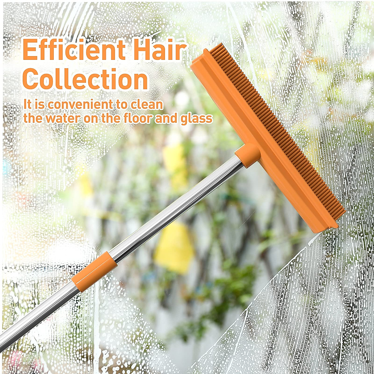 Rubber Broom for Pet Hair Removal with 57" Long Handle,Carpet Rake for Fluff Carpet with Squeegee,Dog Cat Fur Remover Rug Brush Broom,Hardwood Floor,Tile,Window,Portable Detailing Lint Remover Brush