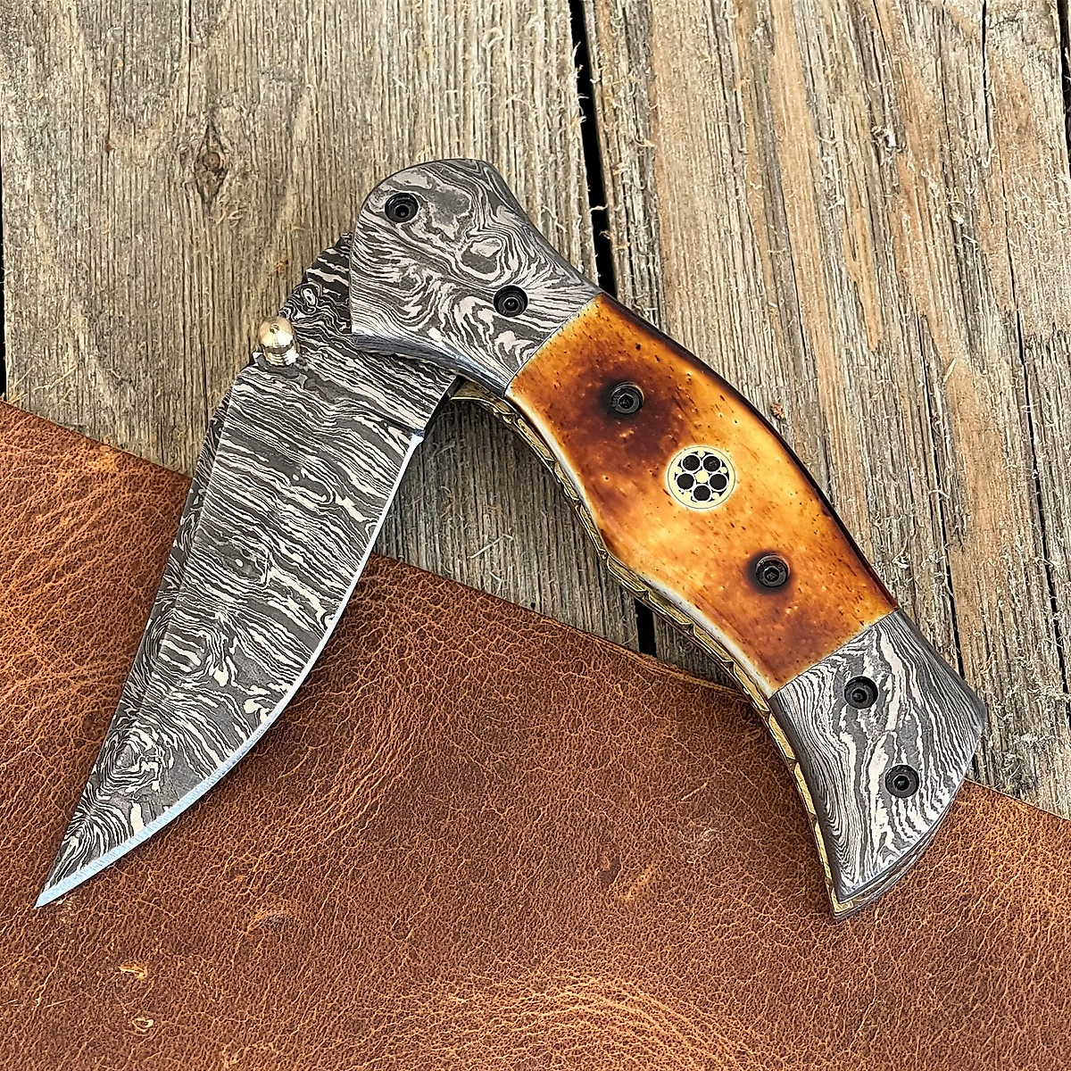 WINTERFELL Damascus Steel Hunting Pocket Knife with Burnt Camel Bone Handle and Leather Sheath - 7.5" Custom Gift Knife for Men - Unique Anniversary, Birthday gifts for Husband, Dad, Boyfriend
