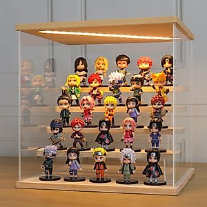 LANSCOERY Acrylic Display Case with LED Light, Clear 5 Tier Organization, Dustproof Wooden Display Box, Exclusive Showcase for Collectibles, Mini Figures and Funko Pop, 11.8x11x11.8inch