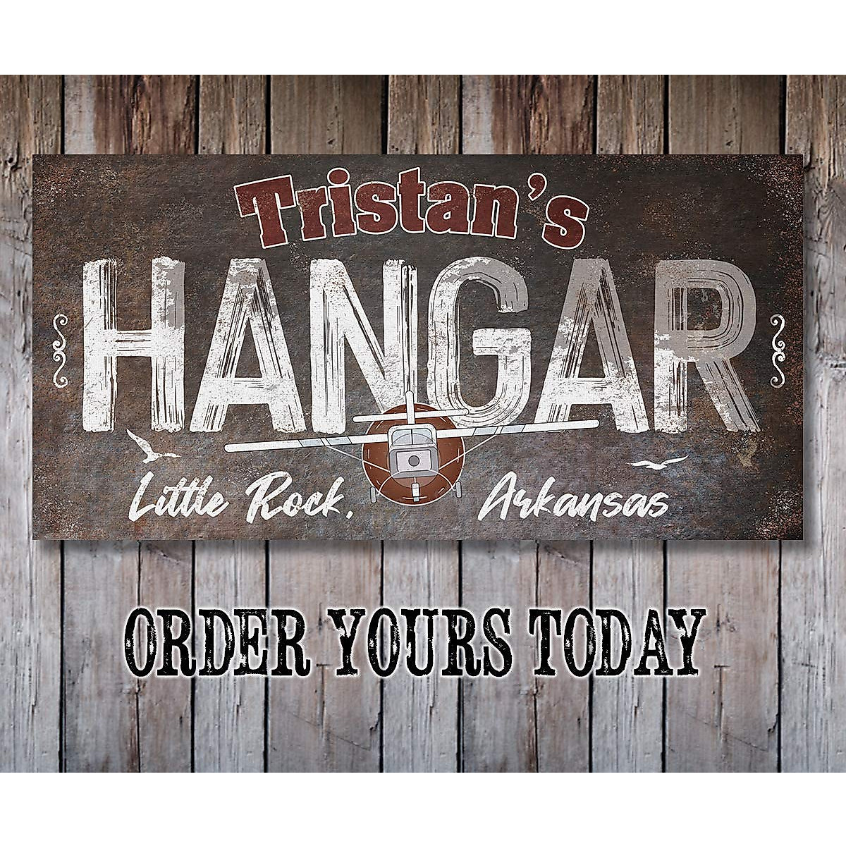 Personalized Hangar Airplane Print - Custom Print with Name and City State, Pilot Name Print and Aviation Sign, Antique Airplane Decor and Man Cave Gift, Rustic Metal Style Canvas Print 12x24