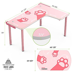 Eureka Ergonomic 61 inch L Shaped Desk, Pink Computer Gaming Desk Office Corner Desk for Home Office Study Writing Table with Mouse Pad, Easy Assembly (Right Side)