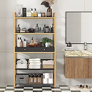 YAOHUOO Bookshelf with 2 Drawers-31.5” Widen Industrial Book Shelf with Bookend, 5 Tiers Tall Storage Shelves, Steel Frame Display Rack, Suitable for Bedroom,Office,Living Room,Bathroom