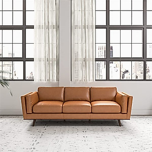 Pemberly Row Mid Century Modern 89" Genuine Cognac Tan Pure Italian Leather Sofa Couches for Living Room