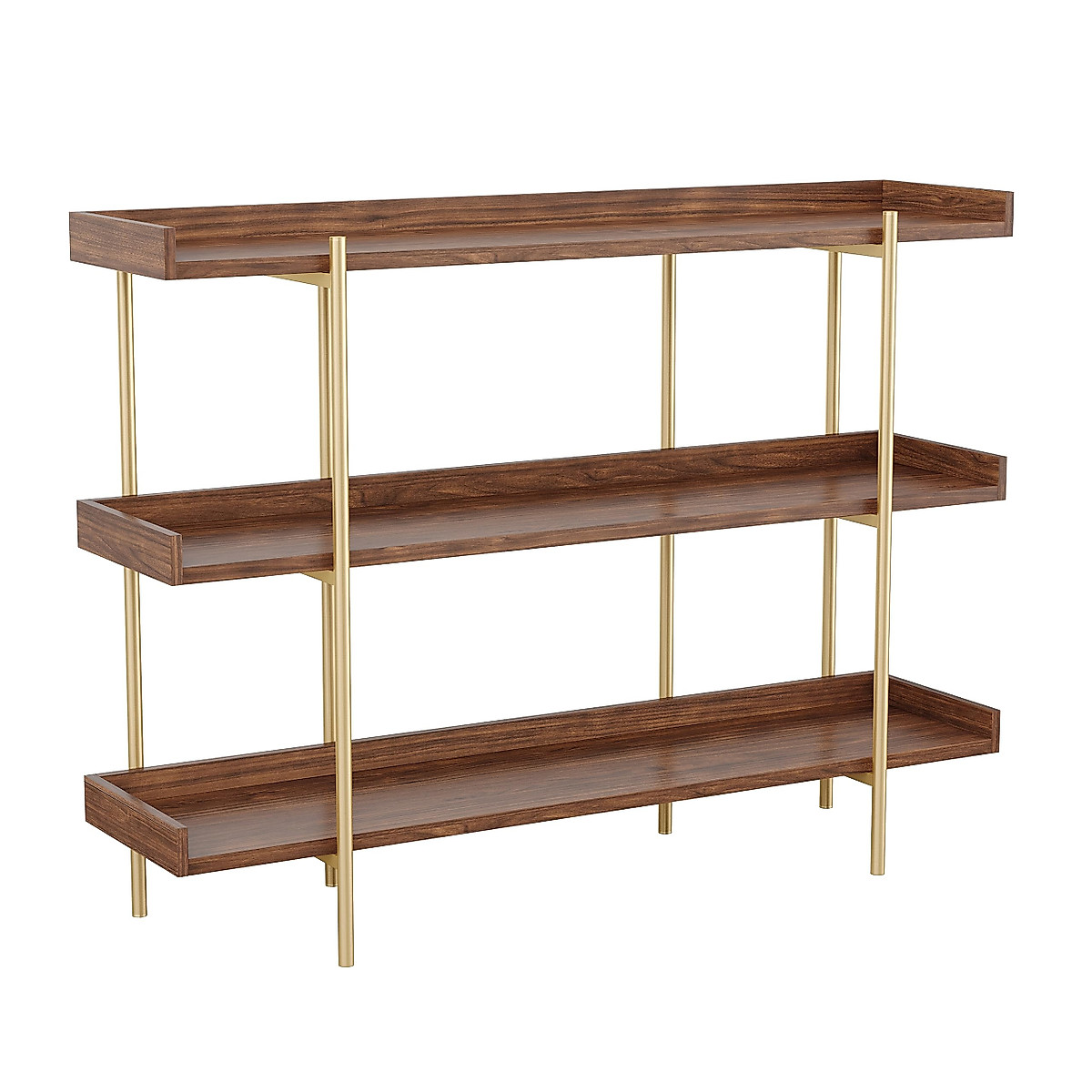 Martha Stewart Emmett 3 Shelf Storage Display Unit Bookcase with Metal, Set of 1, Walnut Wood Grain/Polished Brass Frame
