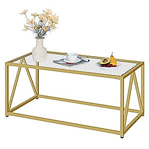 HOOBRO Glass Coffee Table, Gold Coffee Tables for Living Room, 1 Layer Center Table, Open Storage Shelf, Modern, for Apartment, Office, 39.4 x 19.7 x 17.7 Inches, Easy Assembly, Golden GD04KF01