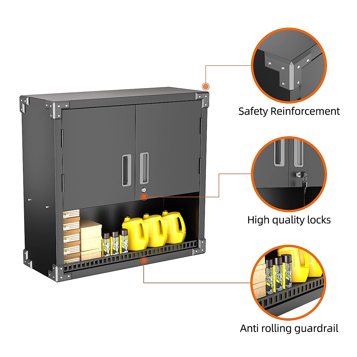 Aobabo Metal Wall Storage Cabinet with Locking Door and 1 Shelf 1 Opened Drawer, Wall-Mounted Storage Cabinet for Garage, Warehouse, Office, Black, Assembly Required