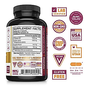 Zhou Nitric Oxide with L Arginine, Citrulline Malate, AAKG and Beet Root | Powerful N.O. Booster and Muscle Builder for Strength, Blood Flow and Endurance | 30 Servings, 120 Veggie Caps