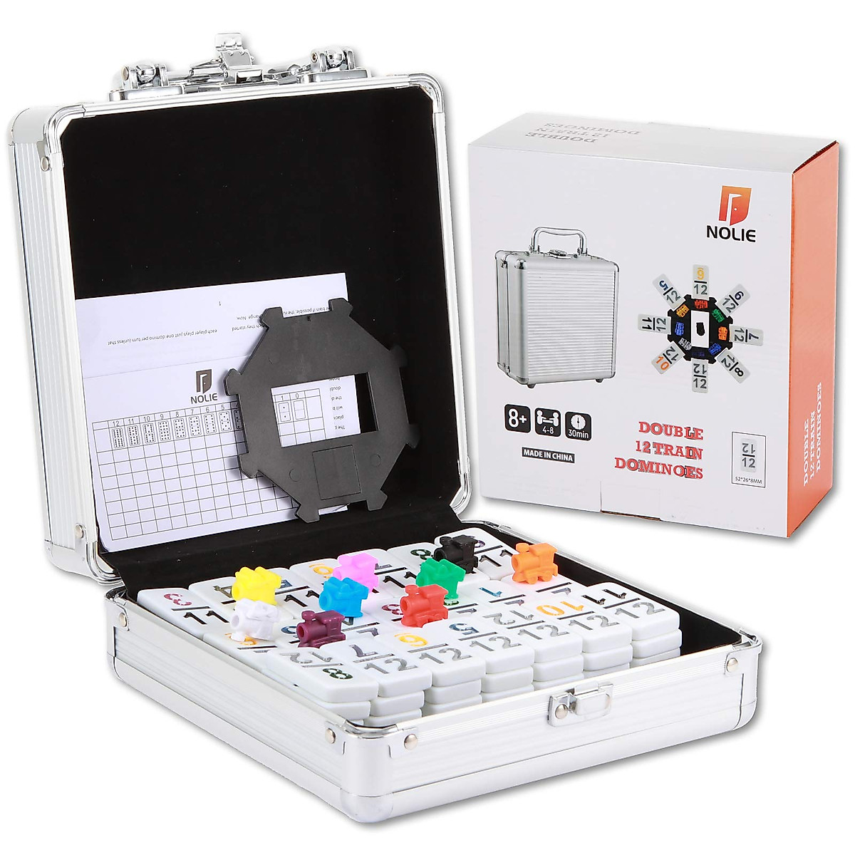 NOLIE Mexican Train Dominoes Game, Double 12 Dominoes Set, Colored Number Dominoes with Aluminum Case