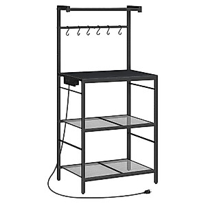 MAHANCRIS Bakers Rack with Charging Station, Microwave Stand with 6 S-Shaped Hooks, 4-Tier Storage Rack, Multifunctional Coffee Bar, for Kitchen, Dining Room, Charcoal Gray and Black BRHT35E01N1