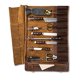Angus Stoke Premium Leather Knife roll Storage Bag XXL - 14 Pockets, Buffalo Leather with Shoulder Strap, Chef's Knife Bag case Rene (Walnut-Brown)