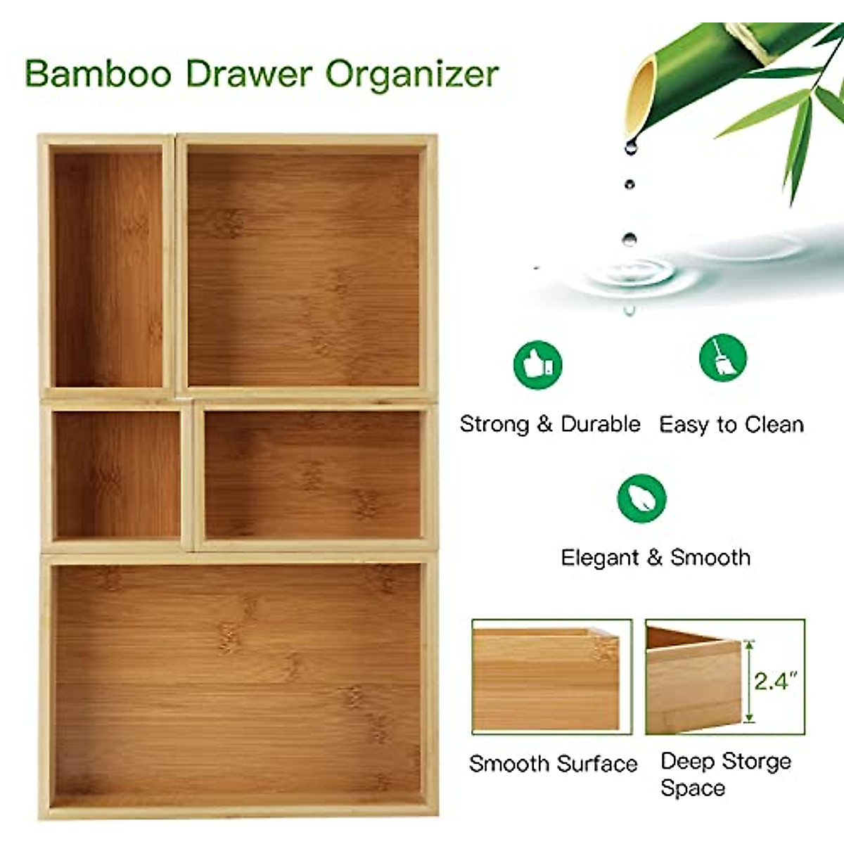 Pipishell 5-Piece Bamboo Drawer Organizer Set, Multi-use Storage Box Set, Varied Sizes Junk Drawer Organizer for Office, Home, Kitchen, Bedroom, Bathroom