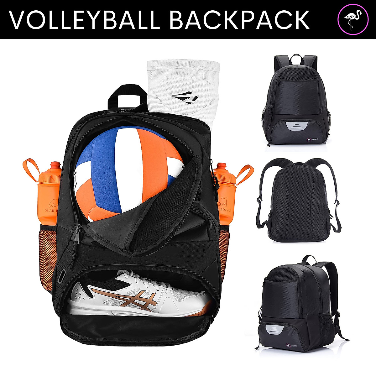 ERANT Athletic Volleyball Backpack - Extra Large Sports Volleyball Bag - Separate Ball and Shoe Compartment - Durable - Boys and Girls - Black