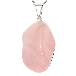 Zenergy Gems Charged Natural Polished Tumble Stone Rose Quartz Crystal Pendant + 20" Stainless Steel Chain + Selenite Charging Heart [Included]