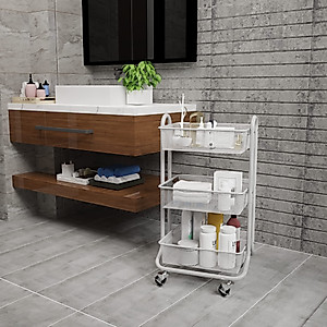 DESIGNA 3-Tier Rolling Utility Cart Storage Shelves Multifunction, Metal Mesh Baskets, Pantry Cart with Lockable Wheels, Gray