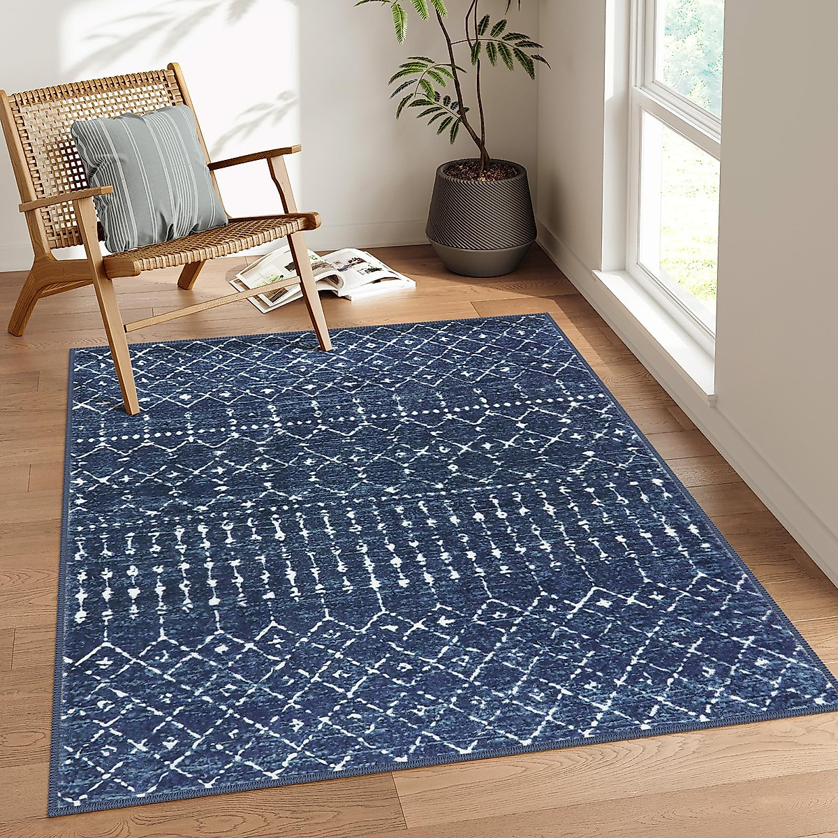 Beeiva Moroccan Washable Living Room Rug, Printed Soft 5x7 Rug with Rubberback Non Slip, Low Pile Distressed Blue Rug No Shedding Dining Room Rug for Bedroom Office